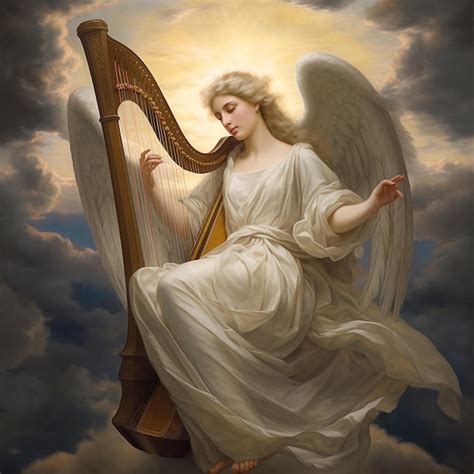 Una pintura de un ángel tocando un arpa con la palabra ángel en él