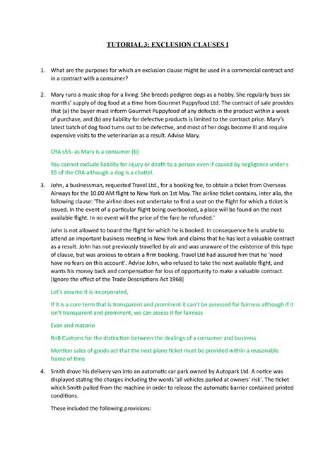 Tutorial Notes TUTORIAL 3 EXCLUSION CLAUSES I What Are The Purposes For Which An Exclusion