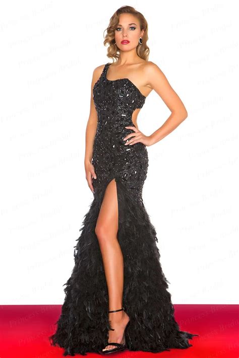 Free Shipping Mermaid One Shoulder Fitted Bodice Side Slit Feathers