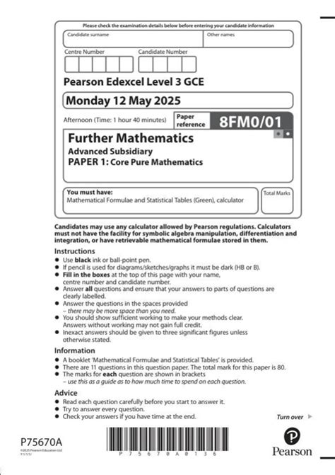 Pearson Edexcel Level 3 Gce 8fm0 01 Further Mathematics Advanced