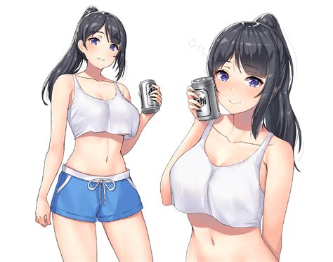 Black Hair Blush Breasts Cropped Drink Long Hair Navel Original Pensuke