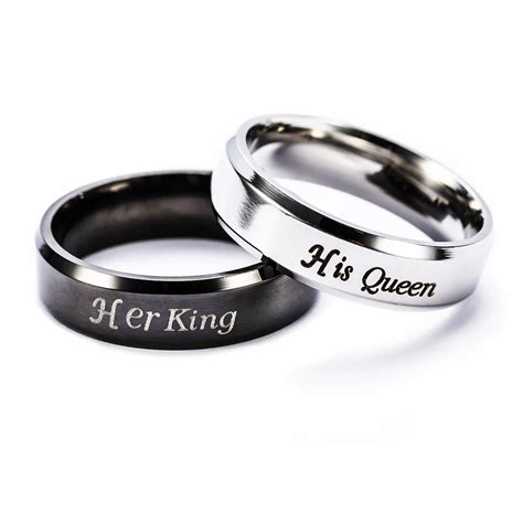 Fashion Jewelry Black Color Stainless Steel Couple Rings Her King And His Queen Engagement