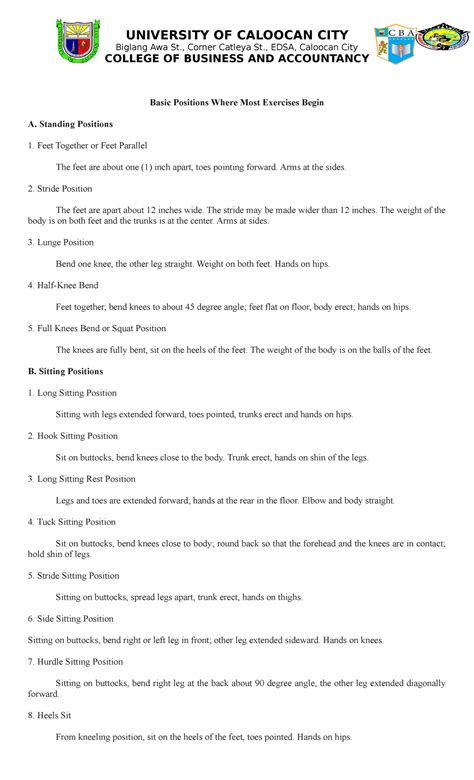 Pathfit 1 Basic Position Where Most Exercises Begin Docx University Of Caloocan City Biglang