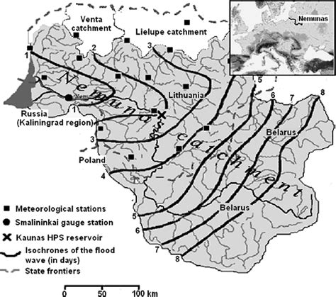 Map Of The Nemunas River Catchment Area With Isochrones Of Flood Wave