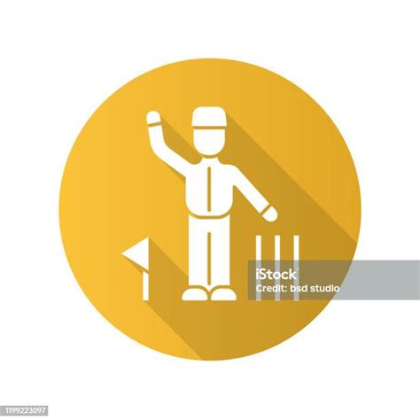 크리켓 판사 플랫 디자인 긴 그림자 문표 아이콘입니다 심판은 판정을 신호합니다 중재인은 게임을 따릅니다 유니폼 깃발과 개찰구를 입은 남자 스포츠 대회 토너먼트 벡터 실루엣