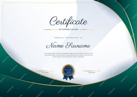 졸업장 수상 비즈니스 대학 학교 배경 및 기업용으로 설계된 금 배지 및 테두리가 있는 현대적인 우아한 짙은 녹색 및 금색 성취 템플릿 인증서 프리미엄 벡터