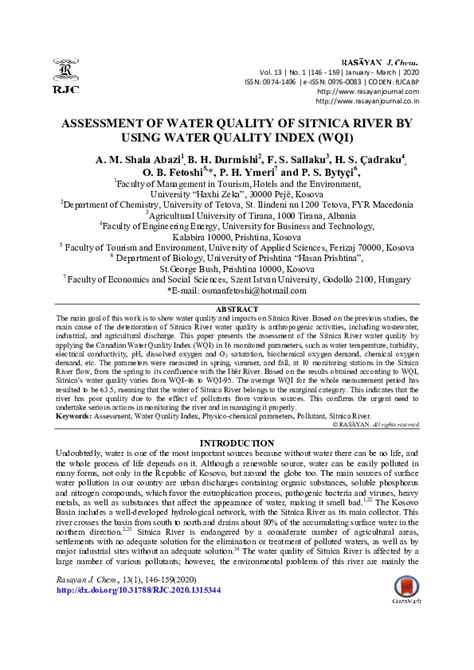 Pdf Assessment Of Water Quality Of Sitnica River By Using Water