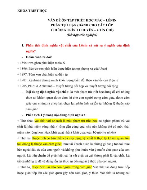 Nọi dung ôn tập môn Triết học 4 TC KHOA TRIẾT HỌC VẤN ĐỀ ÔN TẬP TRIẾT