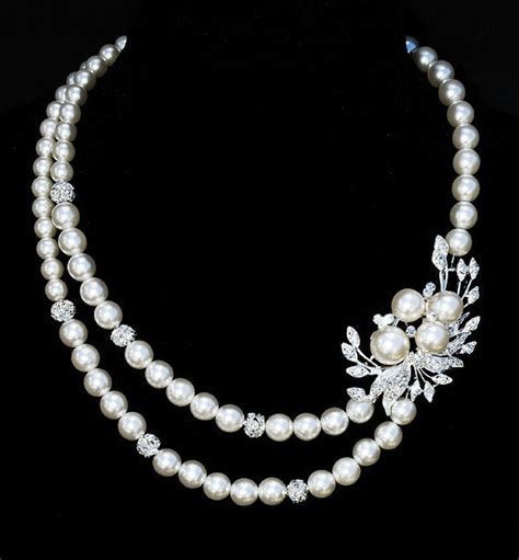Bridal Pearl Rhinestone Necklace Double Strand Crystal Wedding Etsy