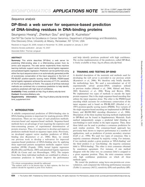 PDF DP Bind A Web Server For Sequence Based Prediction Of DNA Binding Residues In DNA Binding