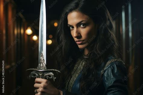 Fierce Female Warrior Poses With A Sword Casting A Determined Look