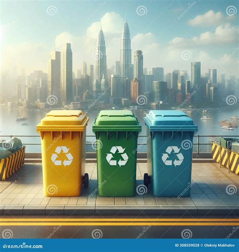 Photo Realistic Container Trash Bin For Recycling With City Background