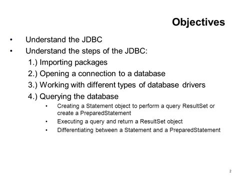 16 Java Database Connectivity. 2 Understand the JDBC Understand the steps of the JDBC: 1 ...