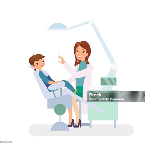 치과 의사 사무실에서 어린 소년의 벡터 일러스트 레이 션입니다 의학 치과 개념 예쁜 닥터 여자와 편평한 만화 작풍에 있는 치과의 자에 있는 아이 환자 아기에 대한 스톡 벡터