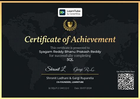 completed sql course on learntube syagam reddy bhanu prakash reddy