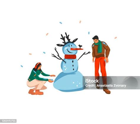 손으로 그린 벡터 추상 재미 주식 플랫 메리 크리스마스 그리고 흰색 배경에 함께 눈사람을 만드는 크리스마스 부부의 귀여운 일러스트와 함께 새해 복 많이 만화 축제 카드 12