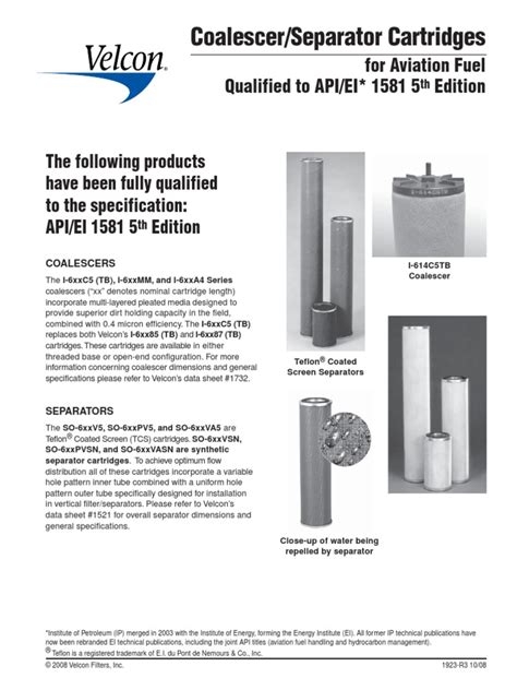 Parker Velcon Aviation Ei1581 Coalescer Separator Cartridges Datasheet