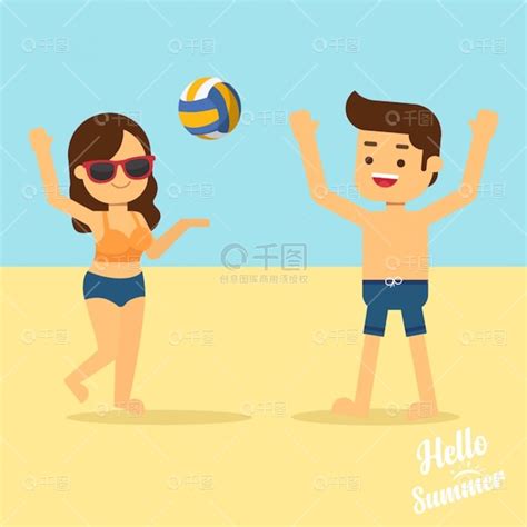 海滩免抠元素 男人和女人暑假去旅行，穿泳衣的男人和女人在海滩上打排球 素材免费下载 626像素 Ai格式 编号65593377 千图网