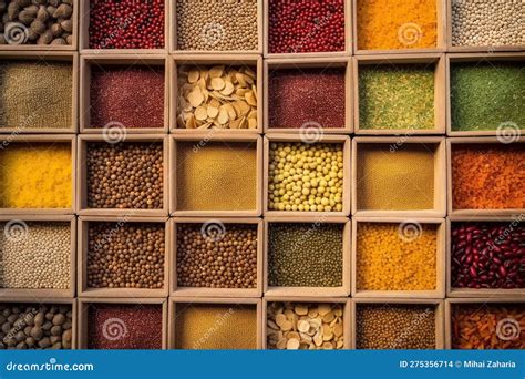 Different Types Of Condiments Or Spices Arranged In Boxes Conceptual