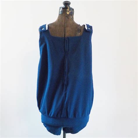 Vintage Marian Sue Mid Century Swimsuit Navy Blue And White Sailor