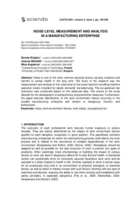 Pdf Noise Level Measurement And Analysis In A Manufacturing Enterprise