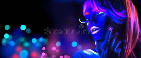 Fashion Disco Woman Dancing Model In Neon Light Portrait Of Beauty