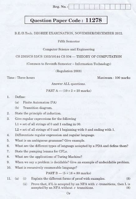 Cs2303 Theory Of Computation Nov Dec 2012 Past Exam Paper University