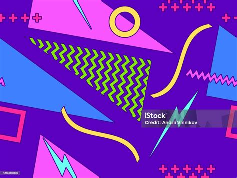 80 년대 기하학적 모양 이음새있는 패턴 팔십은 홍보 제품 포장지 및 인쇄를위한 다채로운 배경을 인쇄합니다 벡터 일러스트레이션 1980 1989 년에 대한 스톡 벡터 아트