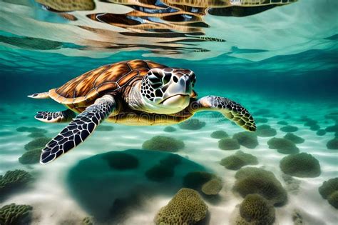 An Ethereal View Of A Green Sea Turtle Gracefully Gliding Through The