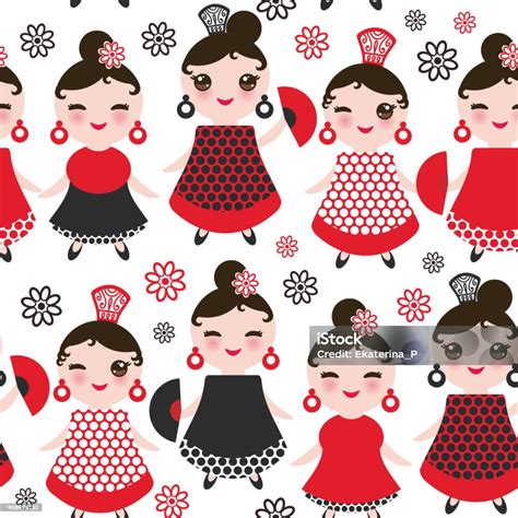 원활한 패턴 스페인 여성 플 라 멩 코 댄서입니다 분홍색 뺨 및 눈 윙크 귀여운 귀여운 얼굴 집시 여자 레드 블랙 화이트 드레스 폴카 도트 패브릭 흰색 바탕에 격리 벡터