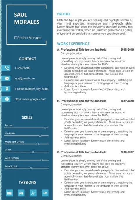 Career Statement Sample Cv Template For It Project Manager Powerpoint