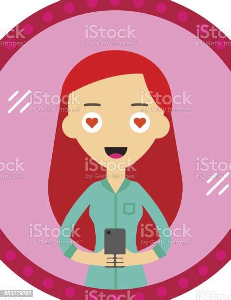 Hipster 스타일 여자 또는 소녀는 거울에는 Selfie을 걸릴 배경에 고립 원에서 벡터 평면 디자인 그림 거울에 대한 스톡