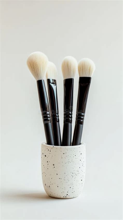 Makeup Brushes Resting In Stylish Ceramic Holder On Plain Background
