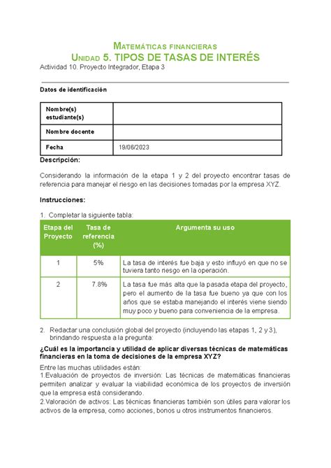 A10 MF Proyecto MATEMÁTICAS FINANCIERAS UNIDAD 5 TIPOS DE TASAS DE