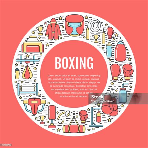 권투 포스터 템플릿입니다 벡터 스포츠 훈련 선 아이콘 장비원형 그림 Punchbag 권투 장갑 반지 무거운 가방 박스 클럽 배너 텍스트에 대 한 장소 개체 그룹에 대한 스톡