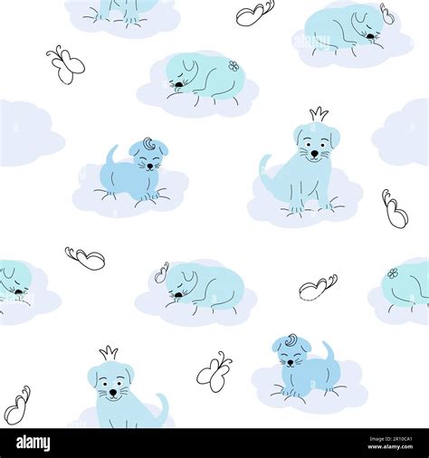 Cute Sleeping Puppy Clouds Stars Crown Butterflies Seamless Pattern