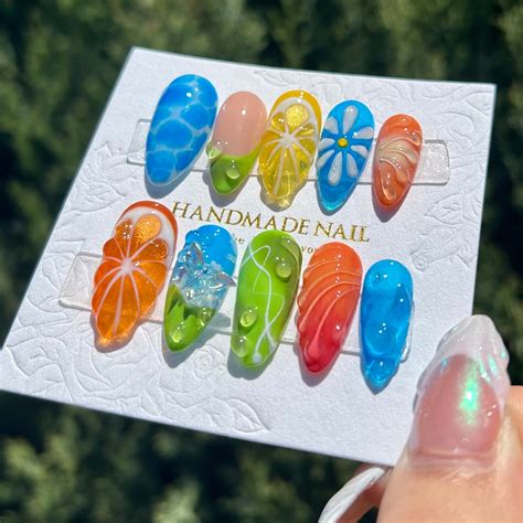 Handmade 3d Press On Nails Nail Art Frutiger Aero Summer Nails