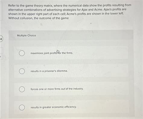 Solved Refer To The Game Theory Matrix Where The Numerical Chegg Com