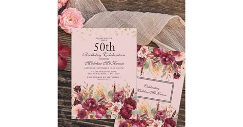 Pink Burgundy Floral Gold Glitter 50th Birthday Invitation Zazzle