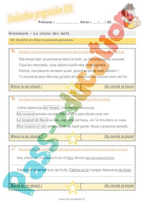 Identifier Et Utiliser Les Pronoms Personnels Au CM1 Evaluation
