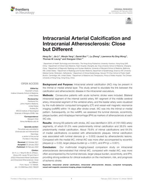 Pdf Intracranial Arterial Calcification And Intracranial Atherosclerosis Close But Different