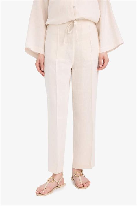 بيج فاتح حريمي بنطلون كتان قصة مستقيمة بجيب وخصر مطاطي بيج حجري فاتح