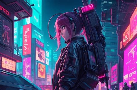 Premium Ai Image Cyberpunk Anime Girl With Black Vest And Purple Hair