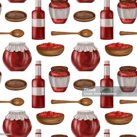 유리 항아리와 나무 접시에 통조림 토마토 소스와 원활한 패턴 직물 직물 배너 포장지 및 기타 디자인의 배경 0명에 대한 스톡 벡터 아트 및 기타 이미지 Istock