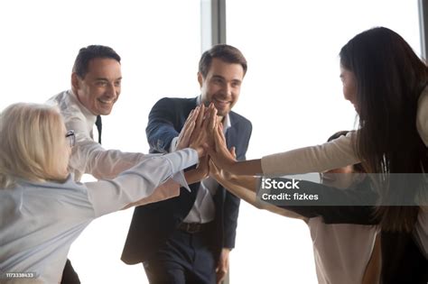 흥분한 동료들은 성공에 대한 동기를 부여하는 하이파이브를 합니다 5명에 대한 스톡 사진 및 기타 이미지 5명 공유 개념