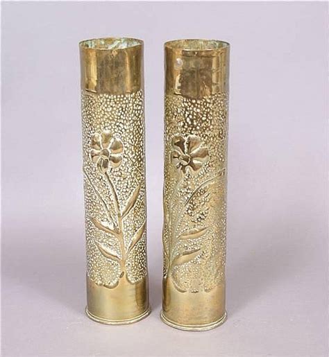 Lot Pair Wwi Trench Art Shell Casings With Floral And Stipple Design