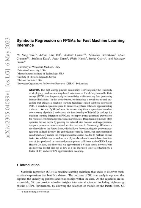 PDF Symbolic Regression On FPGAs For Fast Machine Learning Inference