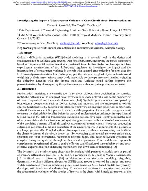 Pdf Investigating The Impact Of Measurement Variance On Gene Circuit Model Parameterization