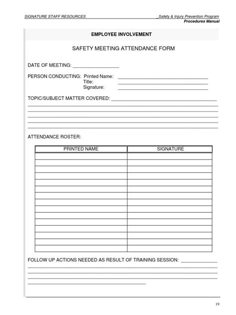 Safety Meeting Attendance Form Pdf