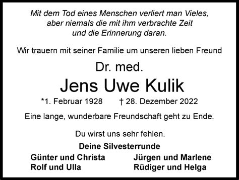 Traueranzeigen Von Jens Uwe Kulik Nordwest Trauer De